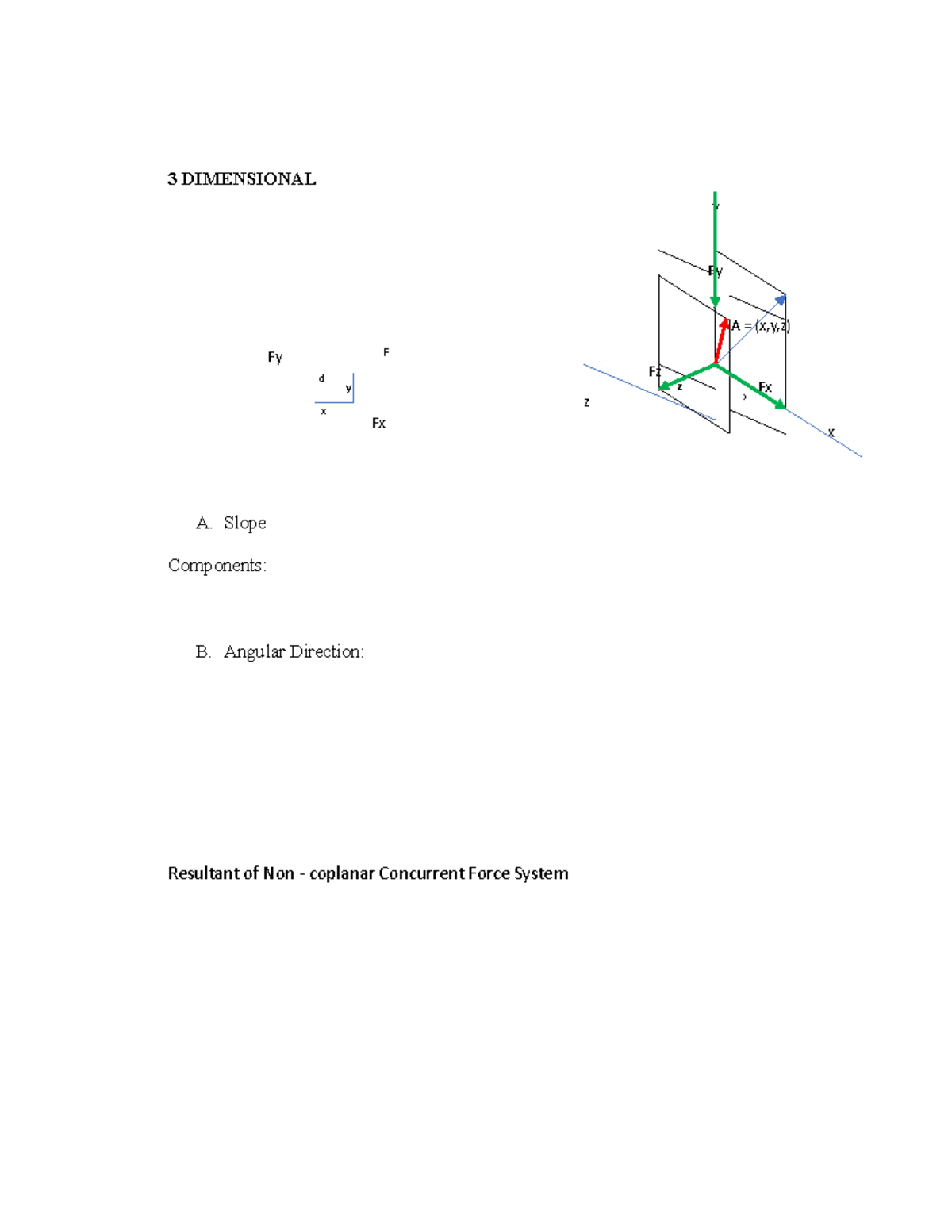 Lesson 3 Three Dimensional Forces - A = (x,y,z) z x y z y x Fz Fy Fx F ...