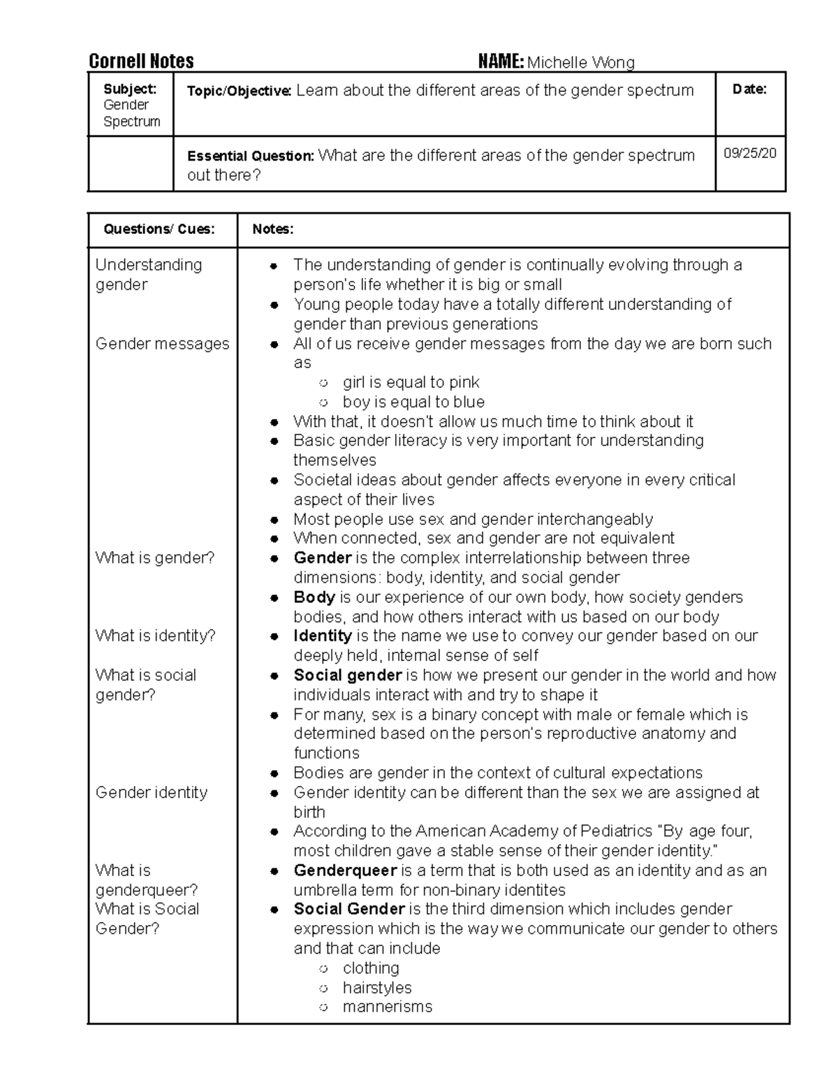 Gender Spectrum - Cornell Notes NAME:Michelle Wong Subject: Gender ...