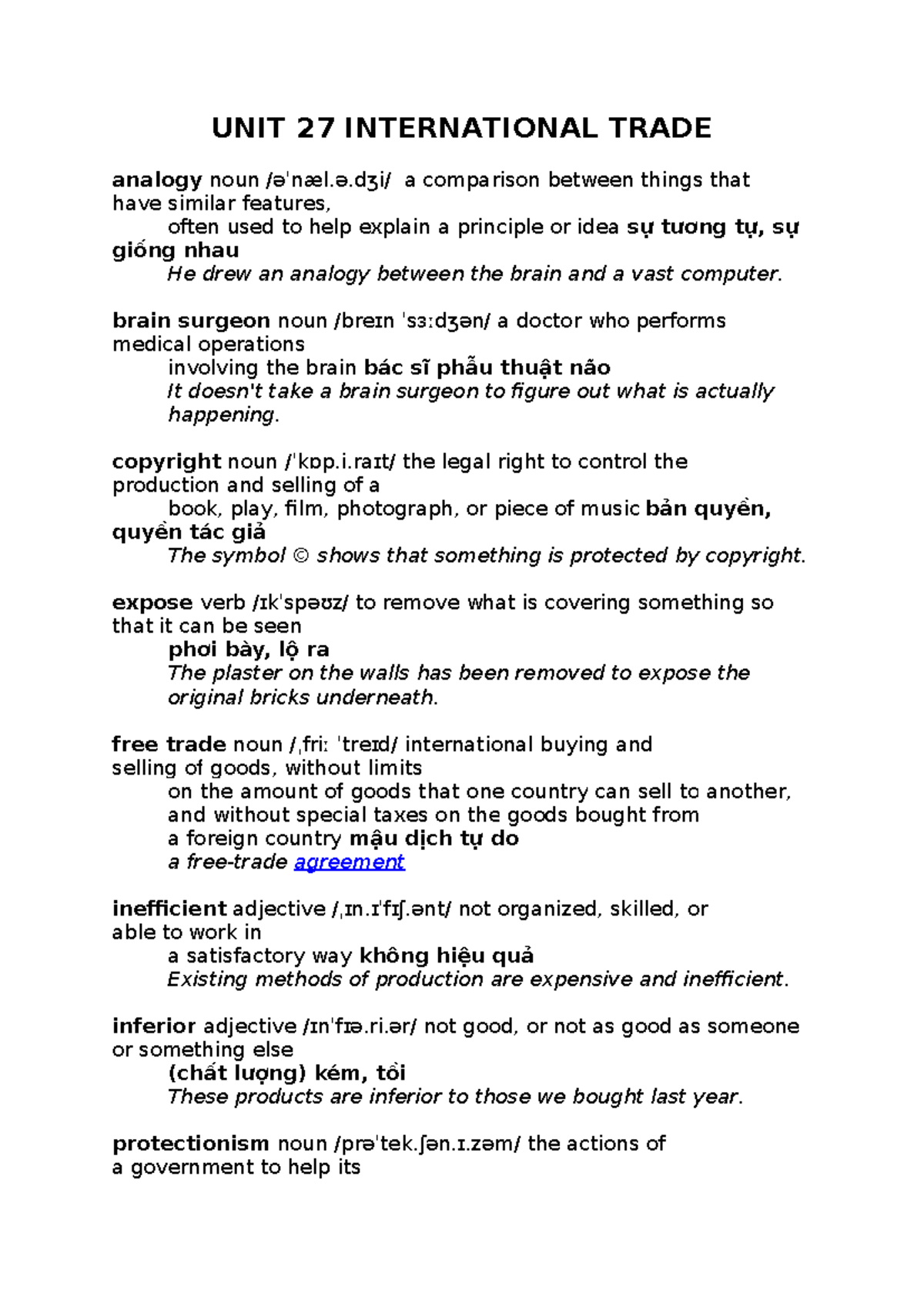 EFBS Glossary UNIT 27 - sdsdsd - UNIT 27 INTERNATIONAL TRADE analogy ...