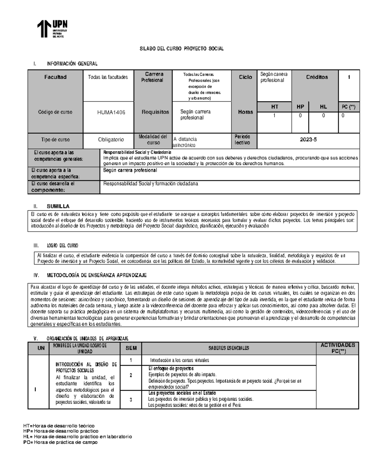 Silabo - dgdsgdgdsgsdg - HT=Horas de desarrollo teórico HP= Horas de desarrollo práctico HL ...
