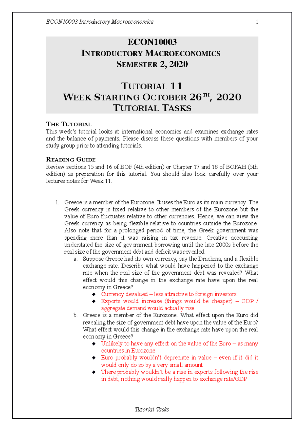 T11 Intutorial 2020 Intro Macro Tutorial 11 Sheet Econ10003 Introductory Macroeconomics Econ