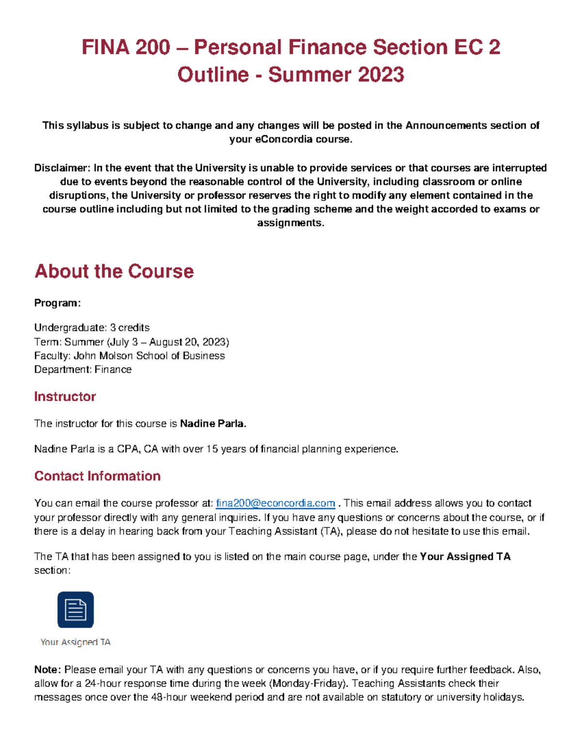 FINA 200 Course Outline - FINA 200 - Concordia - Studocu