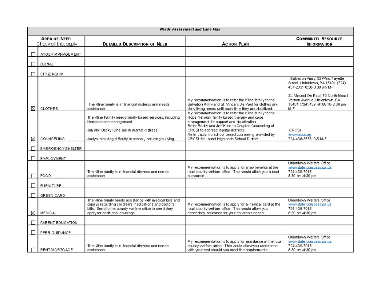 Kline need assessment - Needs Assessment and Case Plan AREA OF NEED ...