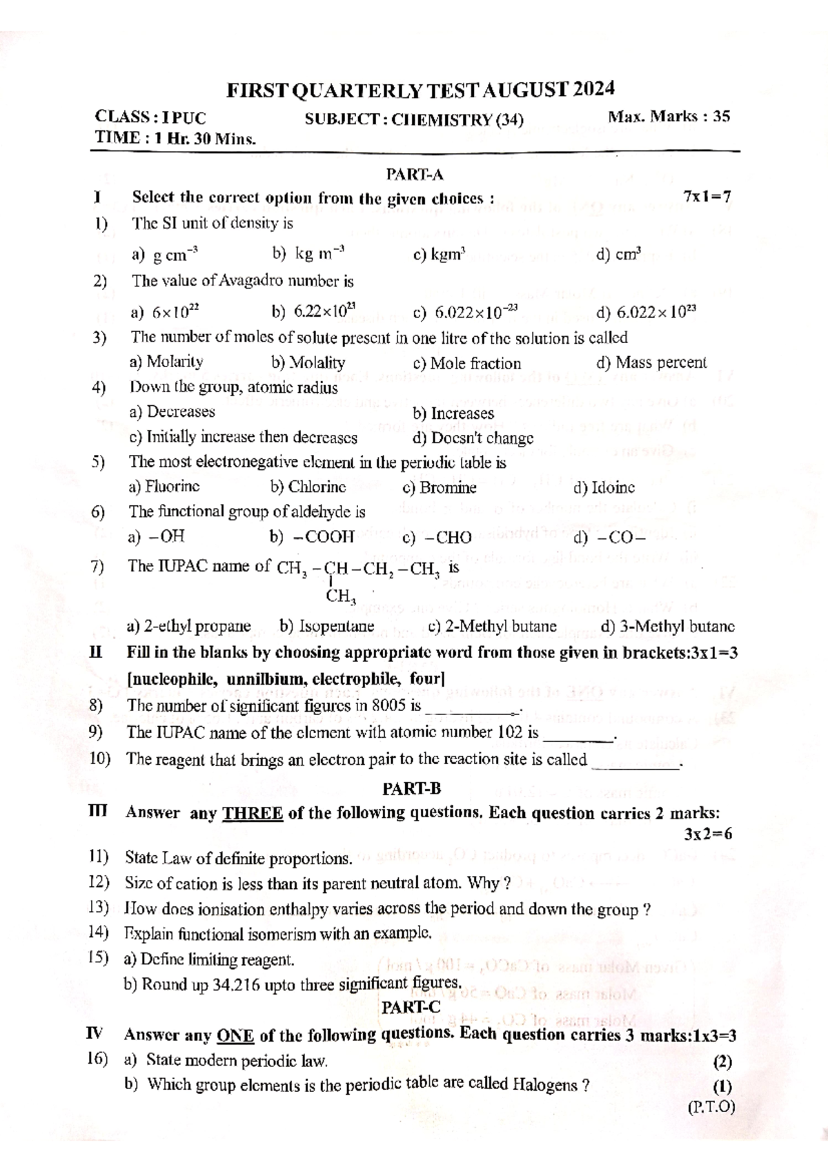 I PU north Chemistry UNIT TEST 2024 - FIRST QUARTERLY TEST AUGUST 2024 ...