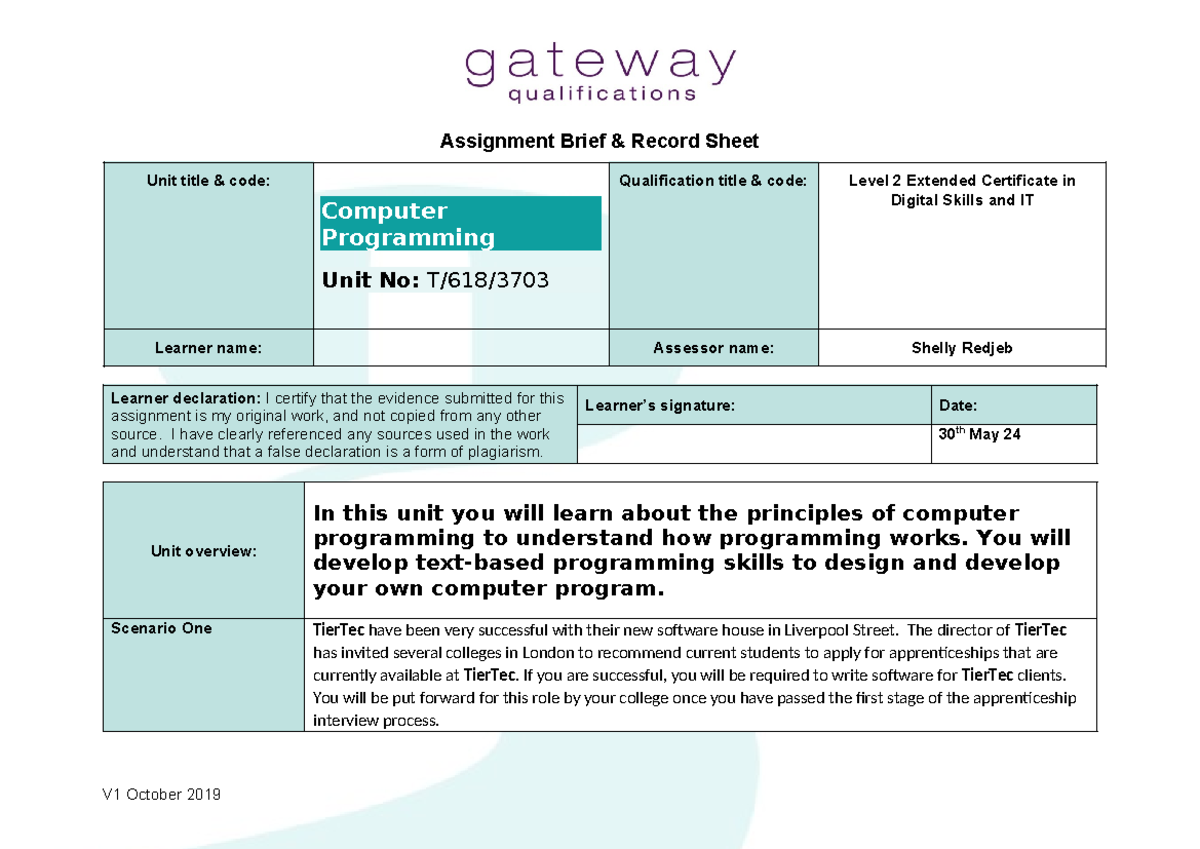 Assignment Tier Tec - Assignment Brief & Record Sheet Unit title & code ...