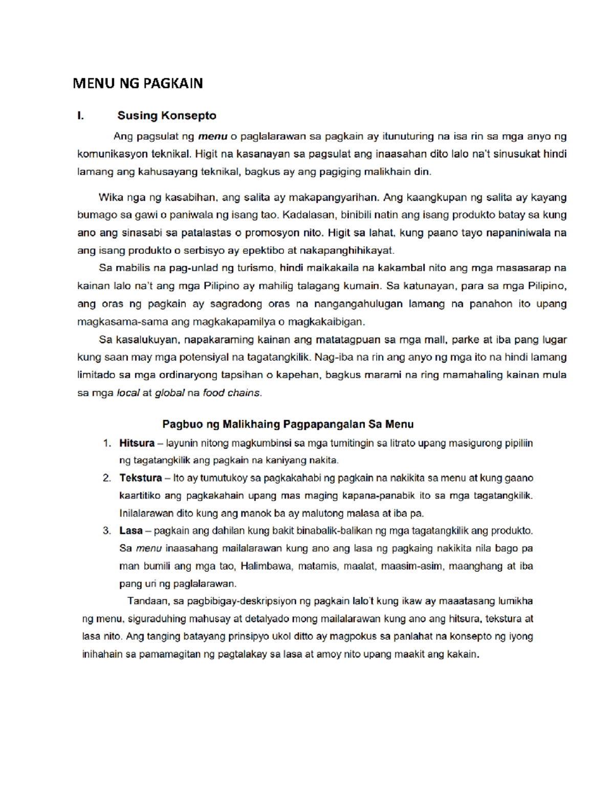 MENU NG Pagkain HAND-OUT1 - MENU NG PAGKAIN Ang menu ay isang ...