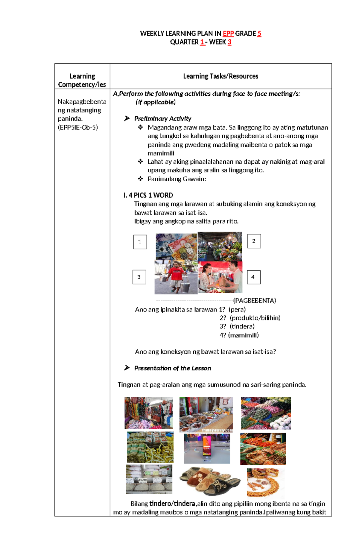 WLP in EPP 5 Q1 Week 3 - Weekly Learning Plan - WEEKLY LEARNING PLAN IN EPP GRADE 5 QUARTER 1 ...