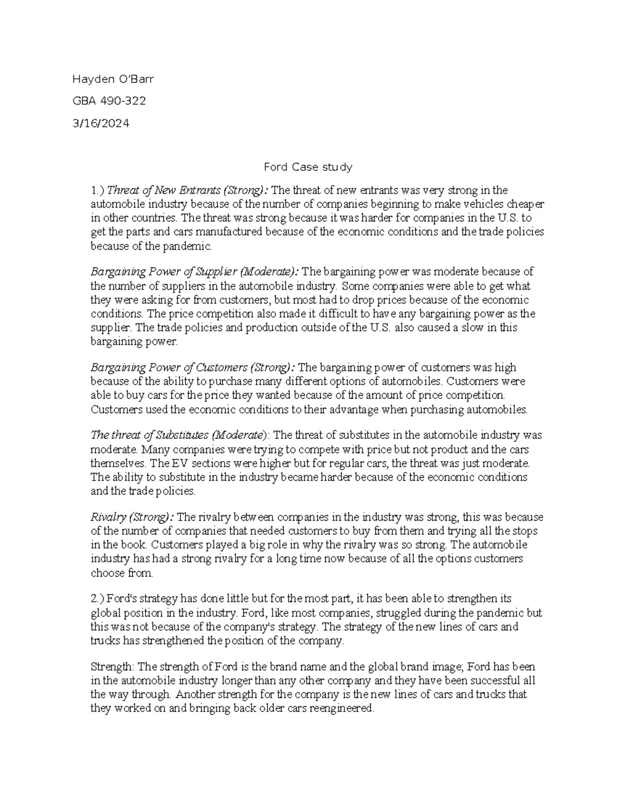 Ford Case Study - Hayden O’Barr GBA 490- 3/16/ Ford Case study 1 ...