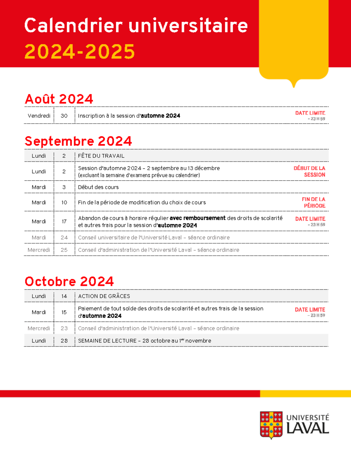 Calendrier ulaval 2024-2025 - Calendrier universitaire 2024 - 2025 Août ...