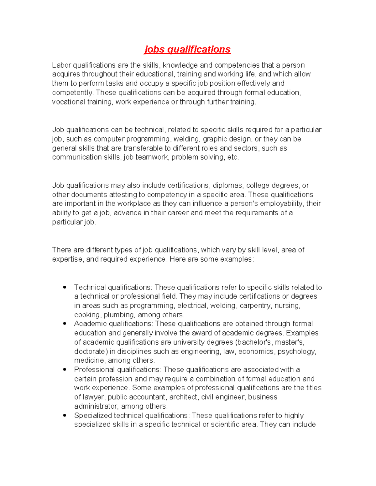 Int 3-project Final - jobs qualifications Labor qualifications are the ...