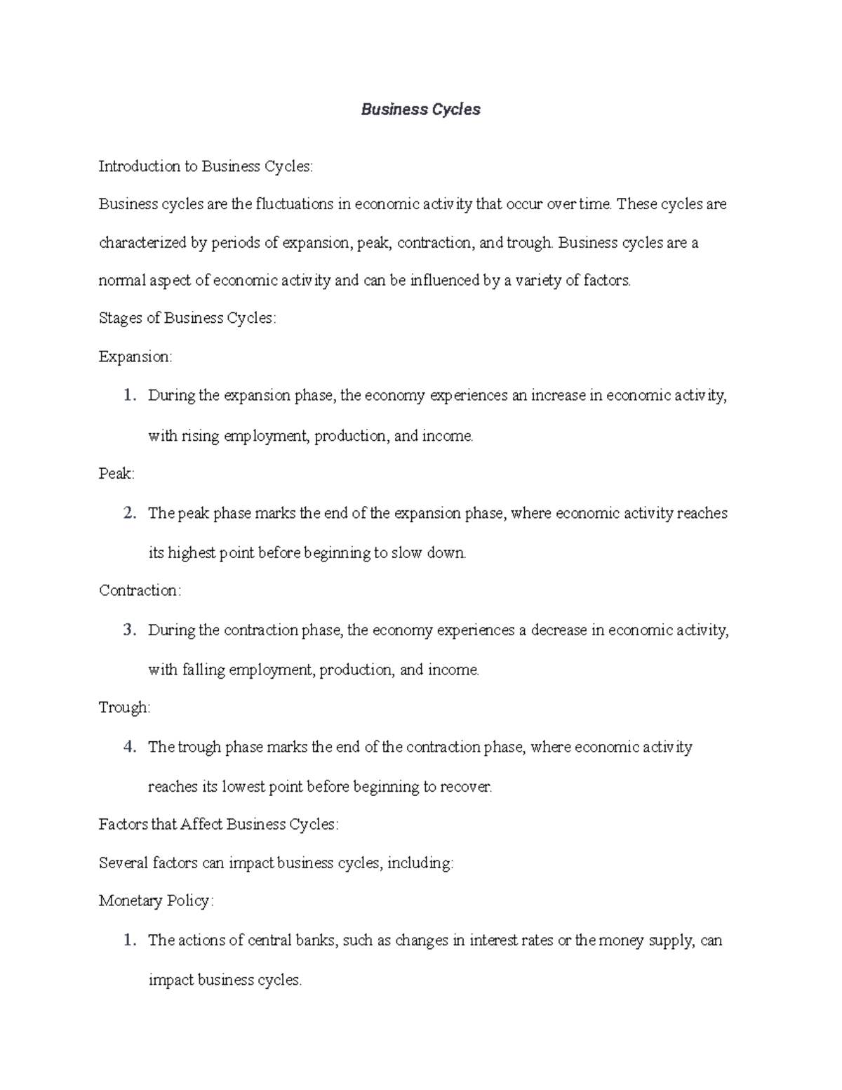 Notes on Business Cycles - Business Cycles Introduction to Business ...