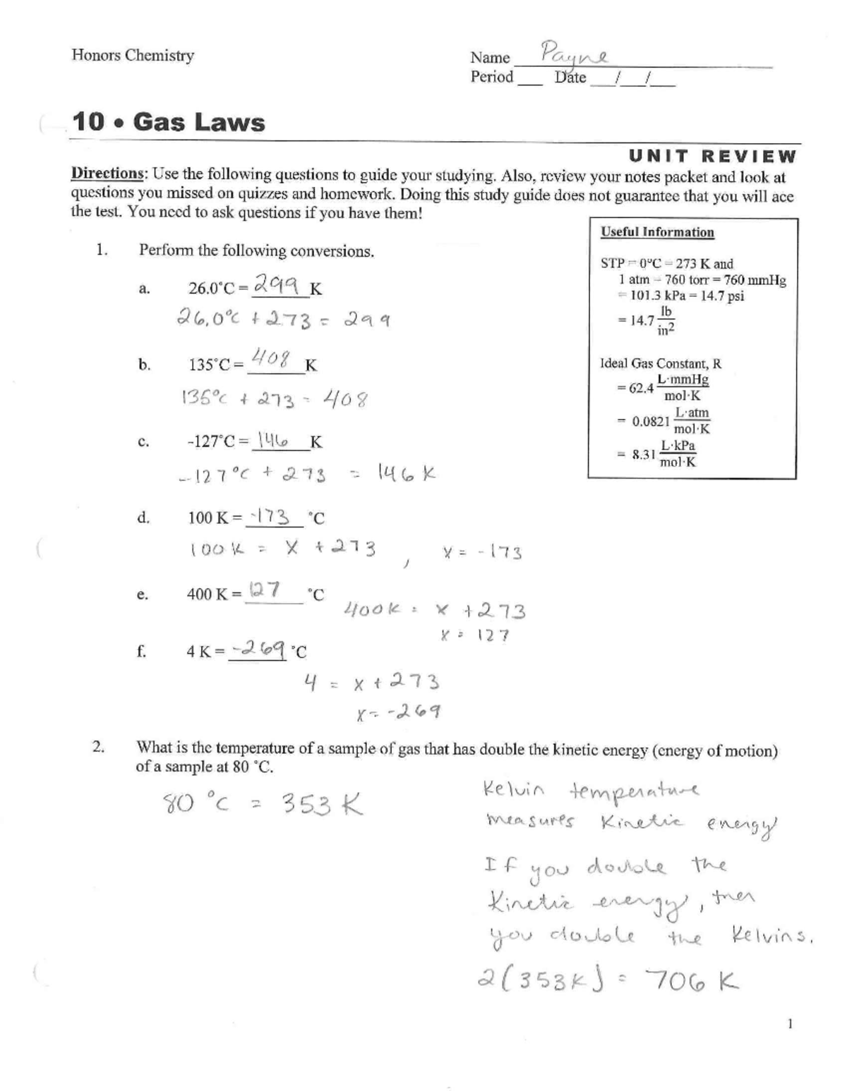 Unit 10 Review KEY[1255] - Honors Chemistry Name Payne Period Date ( 10 ...