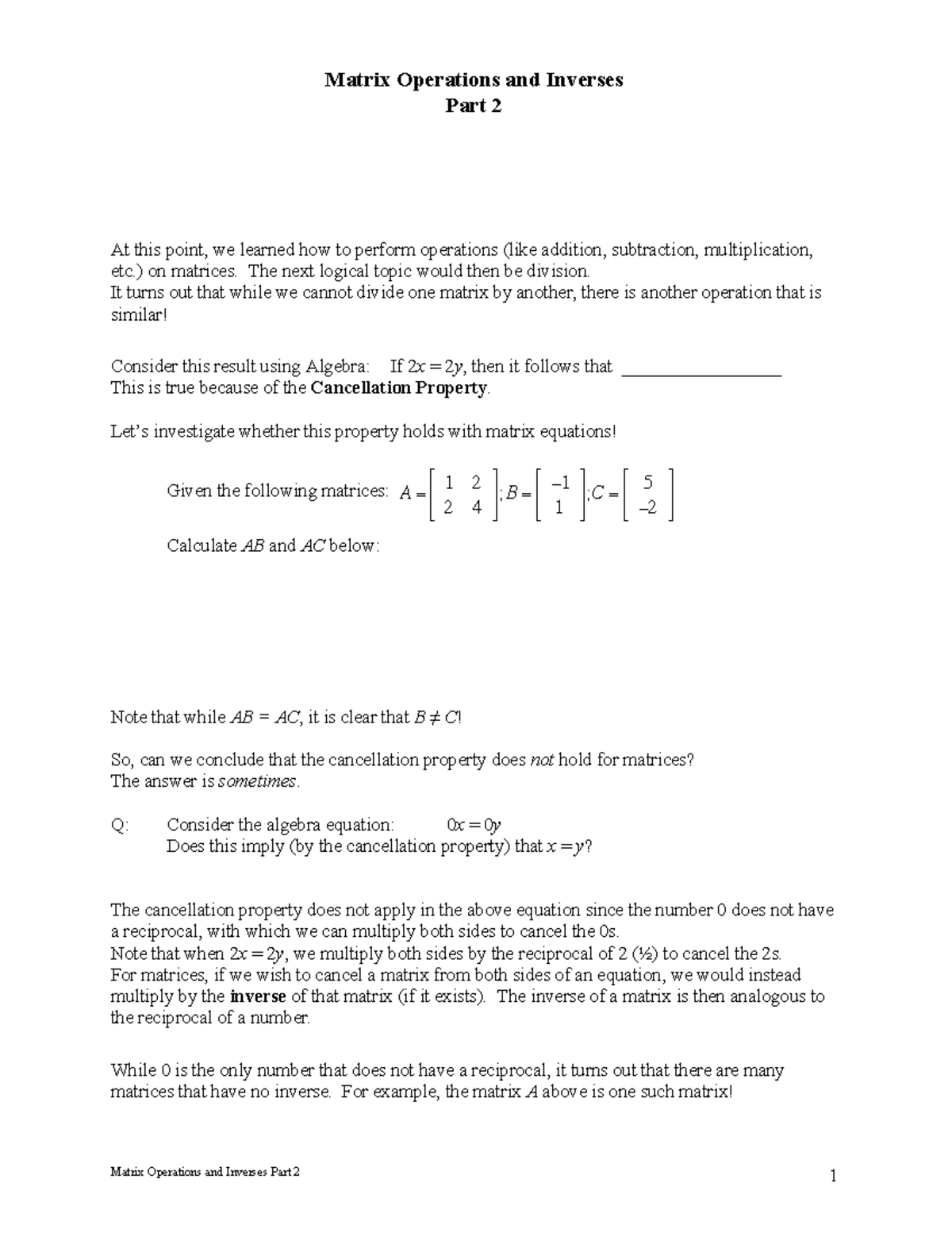 6 Matrix Operations 2 - linear algebra - Matrix Operations and Inverses ...