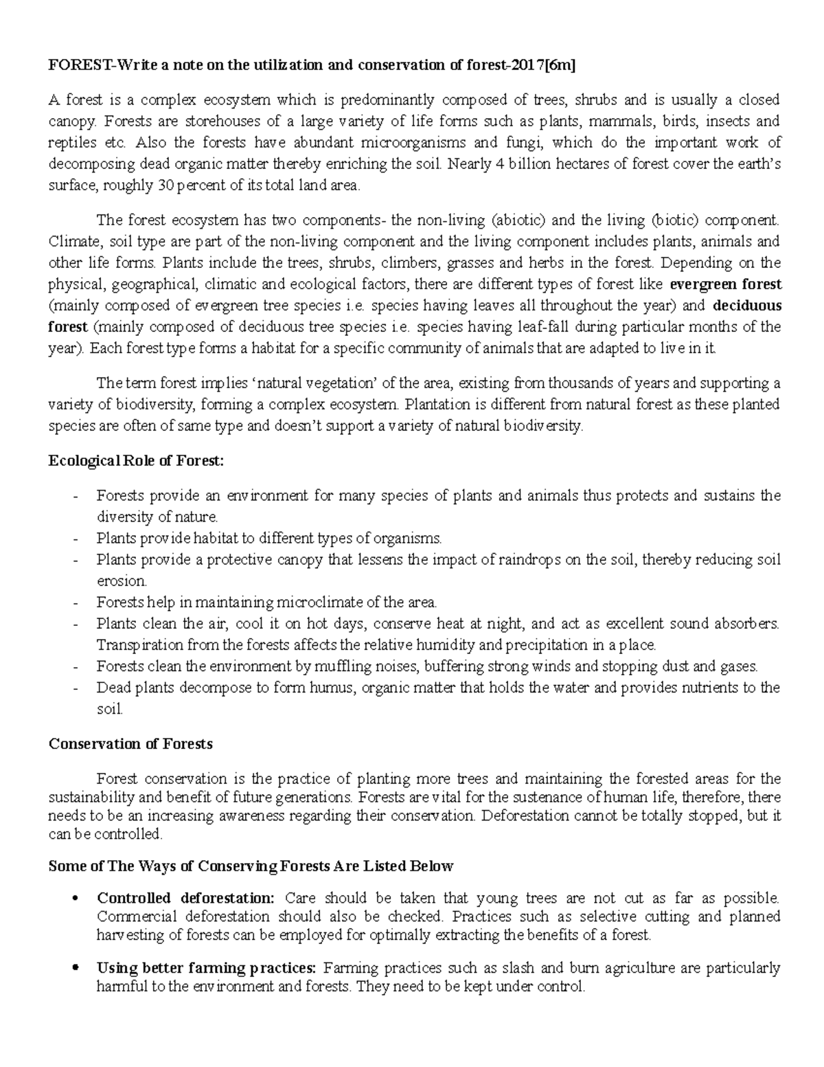 Forests - Biodiversity - FOREST-Write a note on the utilization and ...