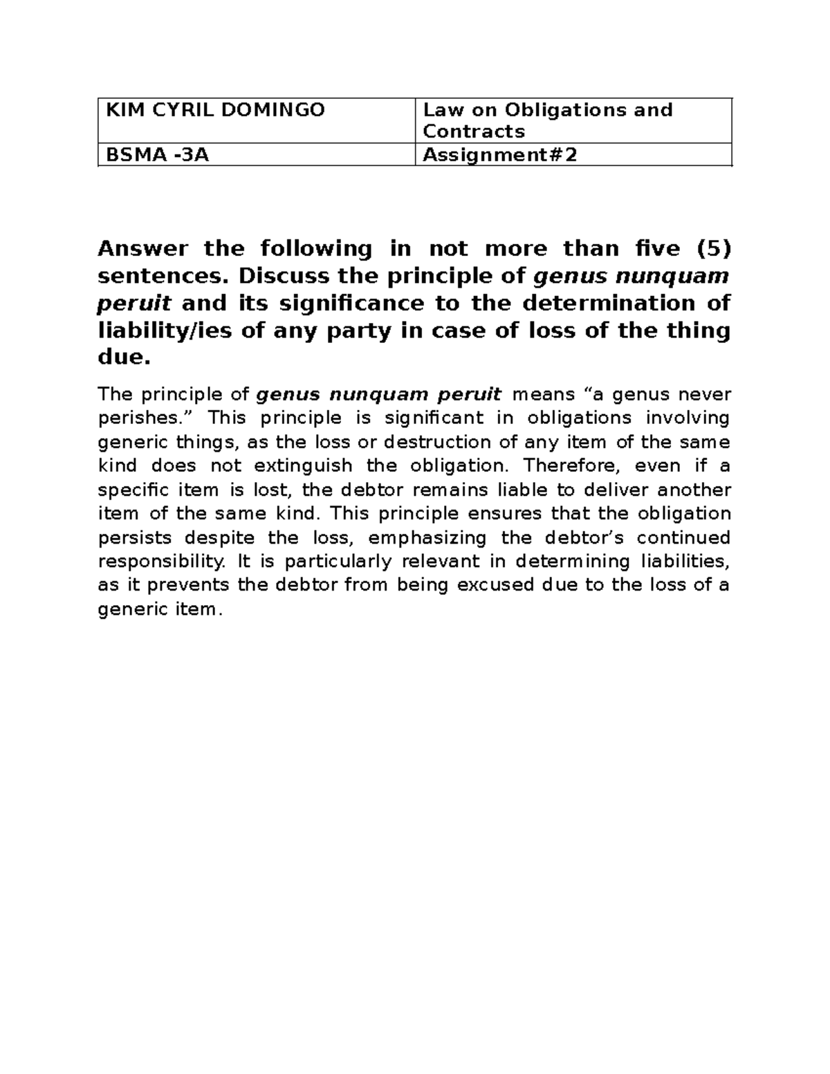Obliconasych 2 - Lecture - KIM CYRIL DOMINGO Law on Obligations and ...