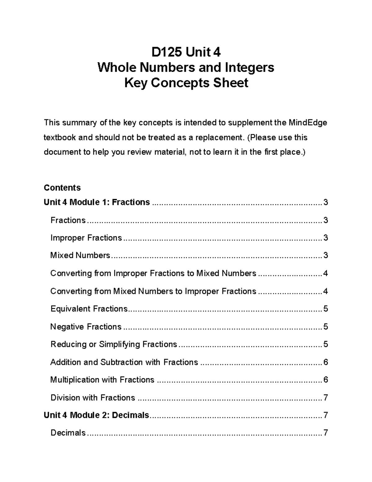 D125 Unit 4 Key Concepts - D125 Unit 4 Whole Numbers and Integers Key ...