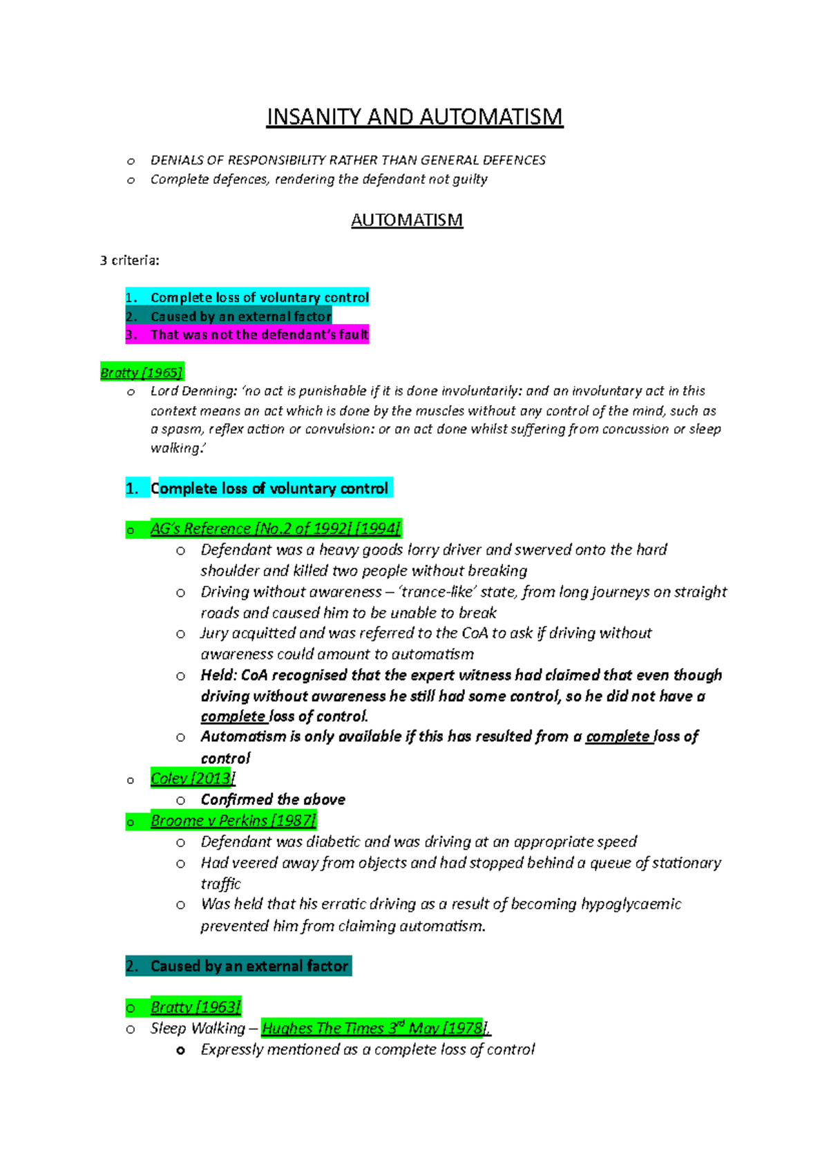 Insanity and Automatism - INSANITY AND AUTOMATISM o DENIALS OF ...