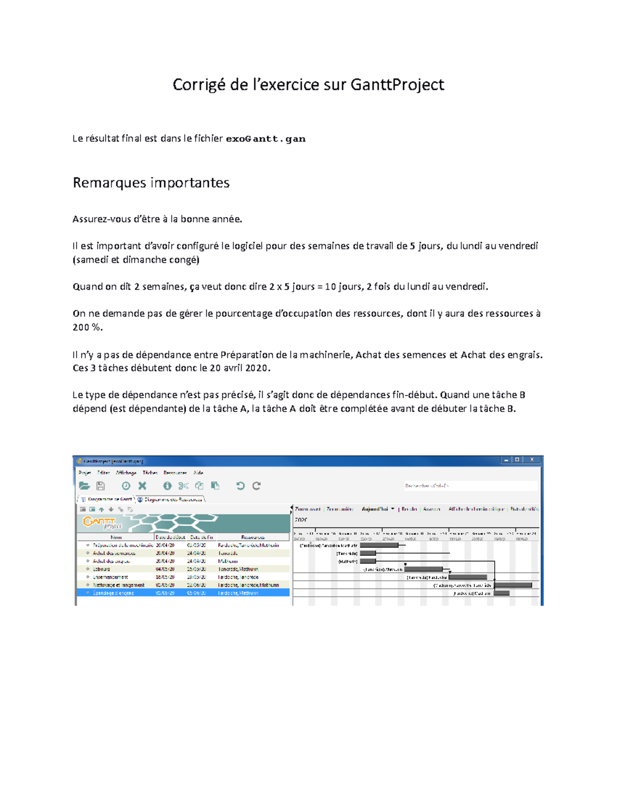 Corrigé Exercice Gantt Project 1 - Corrigé de l’exercice sur GanttProject Le résultat final est ...
