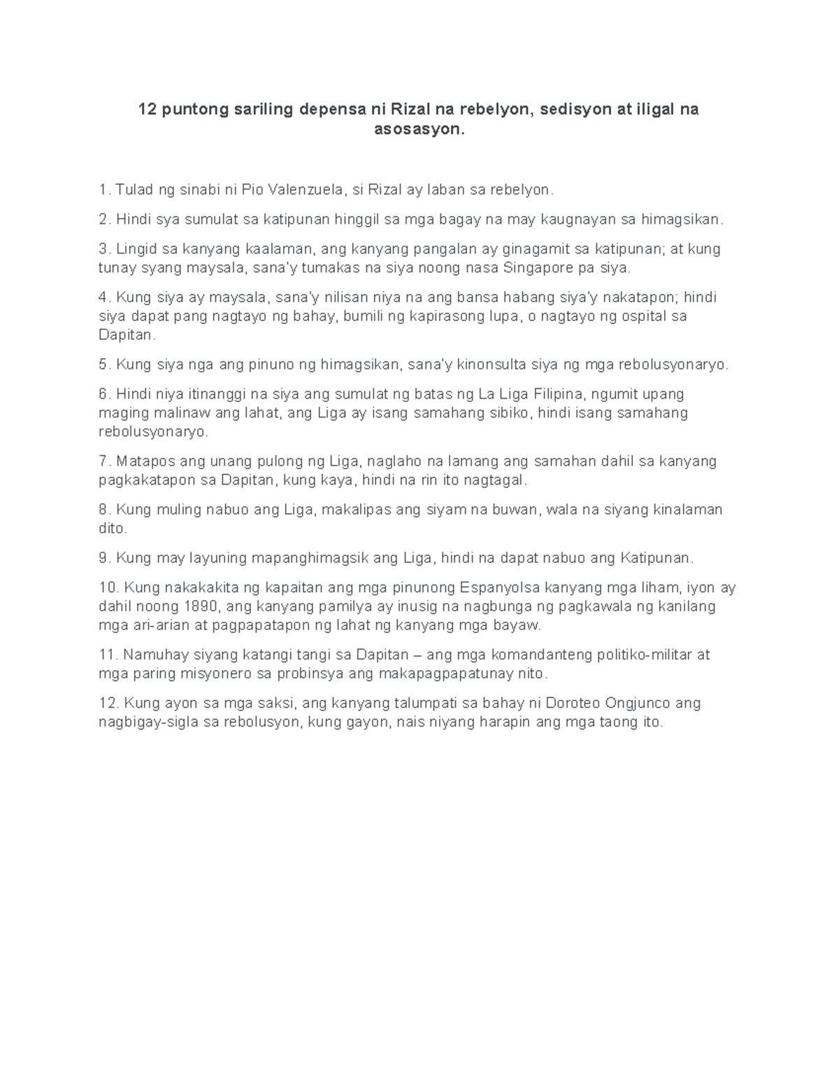 12 punto - 12 puntong sariling depensa ni Rizal na rebelyon, sedisyon ...