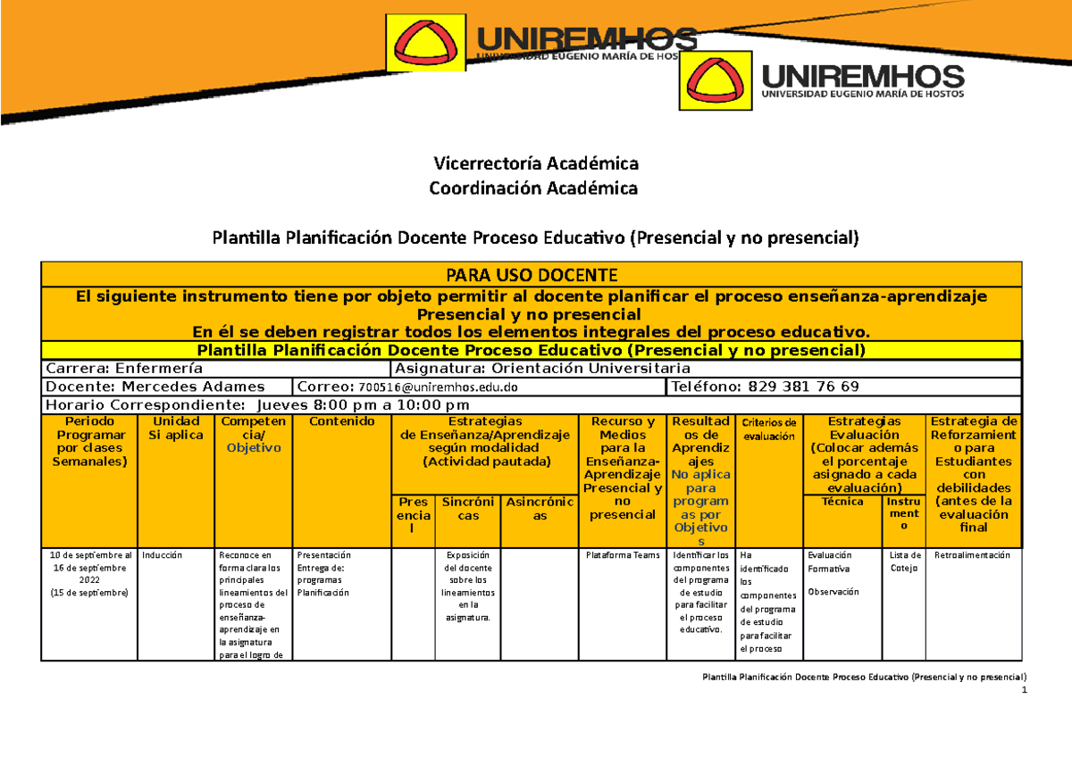 Plantilla de Planificación educativa Asignatura Orientación ...