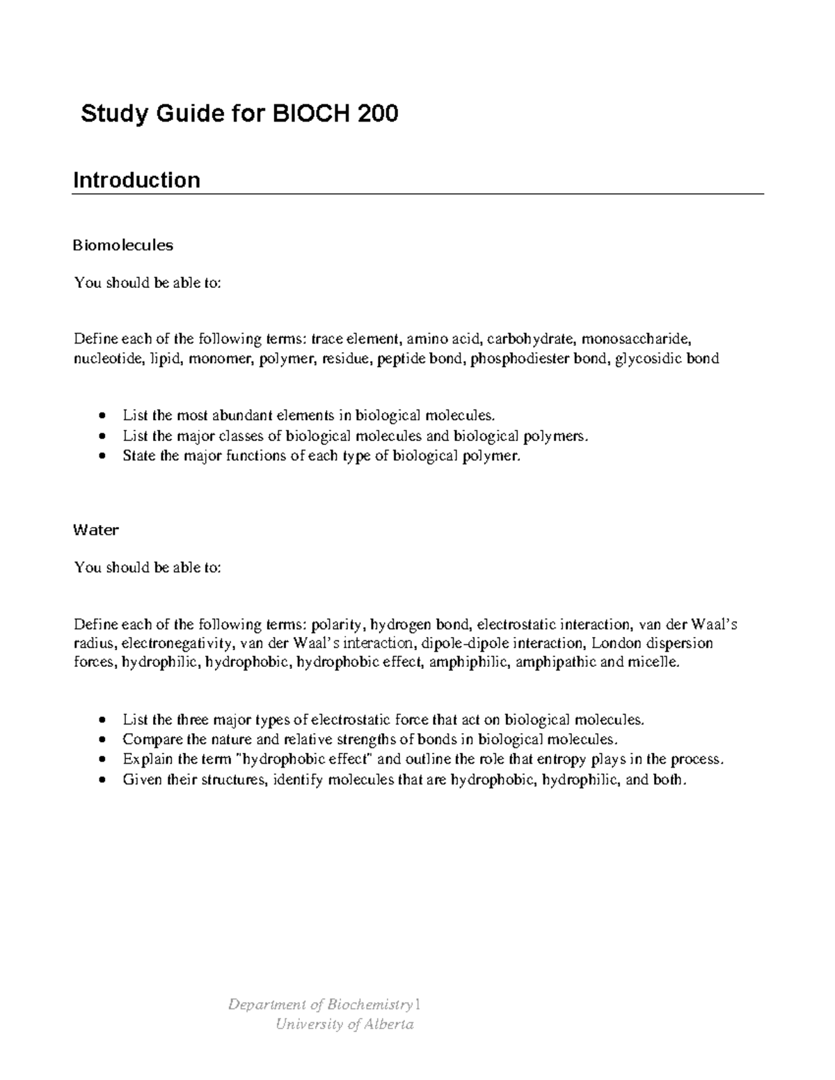 Bioch 200 Study Guide-2020 - Department of Biochemistry 1 Study Guide ...