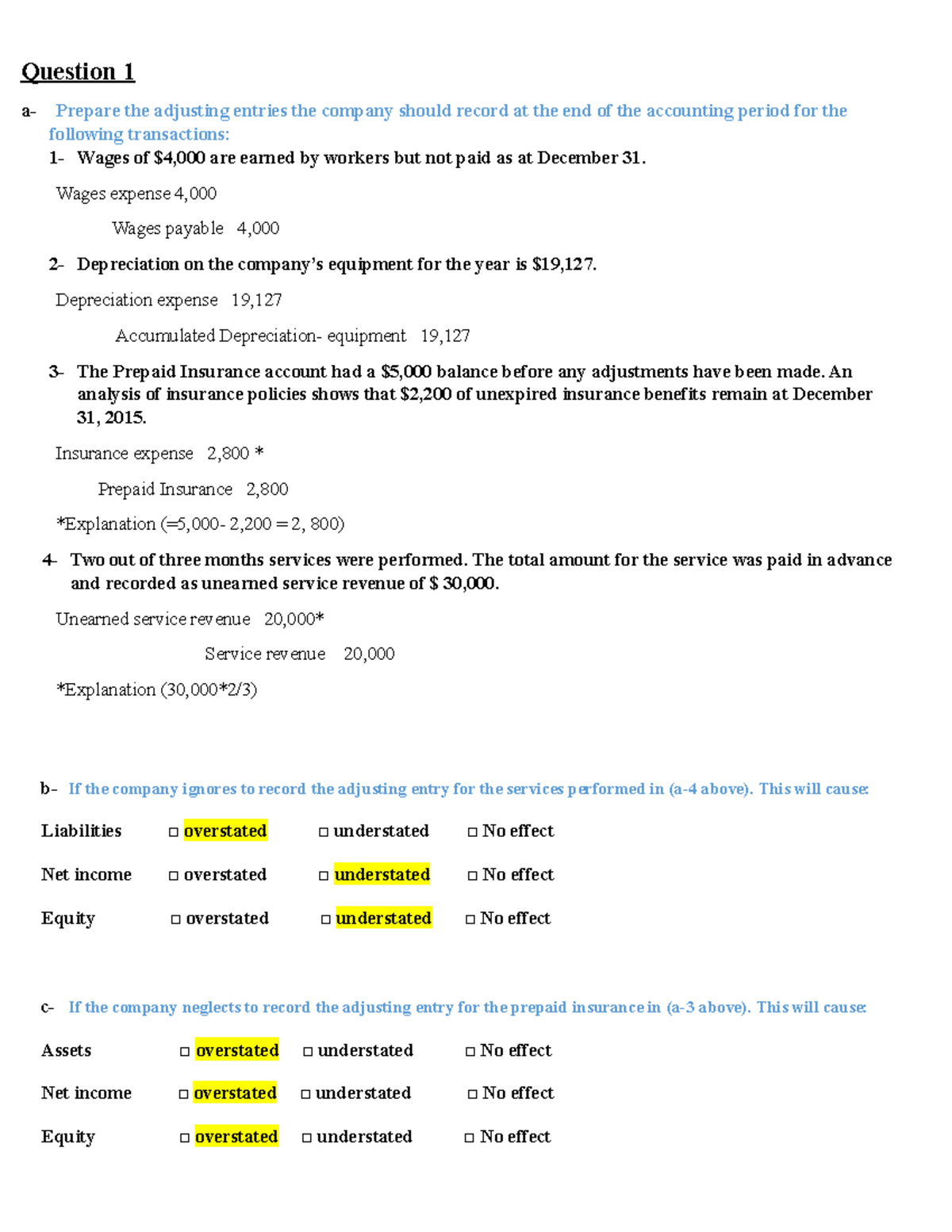 Exam 14 February 2019, questions and answers - Question 1 a- Prepare ...