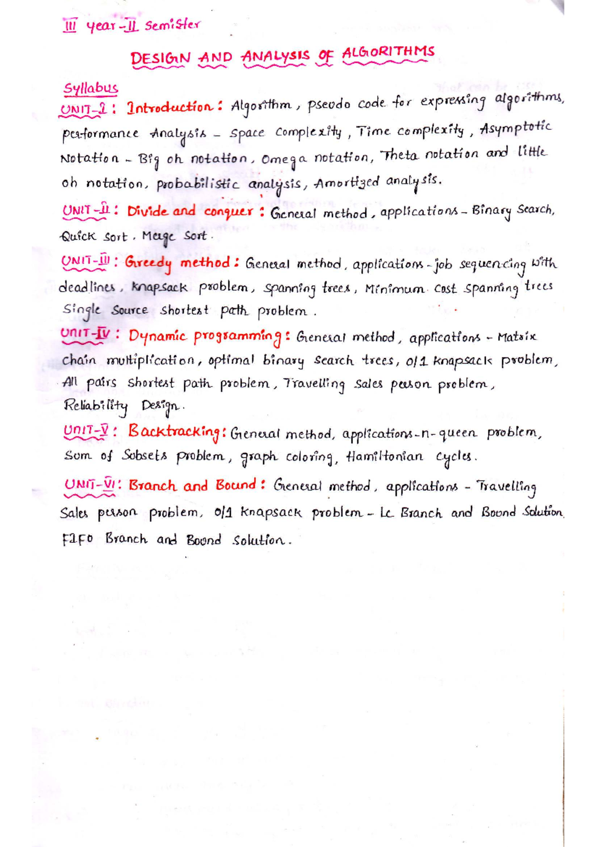 Daa-notes final - semister DESIGN AND ANALYSIS of ALGORITHMS Syllabus I ...