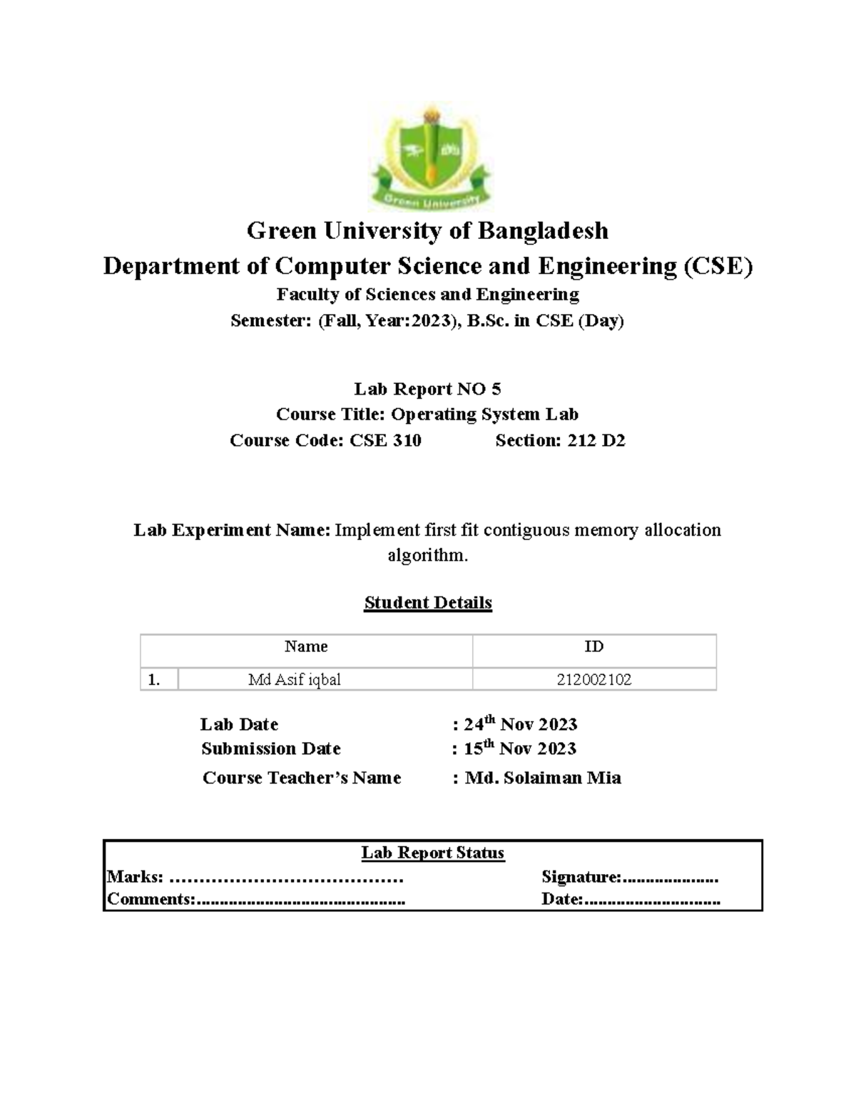 Lab5212002 102 - Lab report - Green University of Bangladesh Department ...