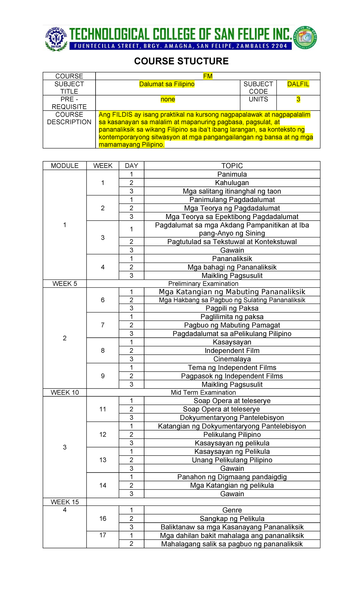 Course Structure - Dalumat SA Filipino - COURSE STUCTURE COURSE FM ...