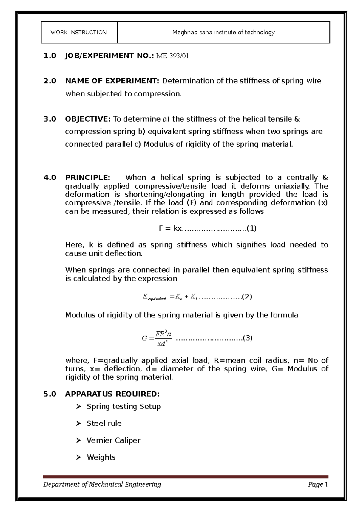 1 - notes - 1 JOB/EXPERIMENT NO.: ME 393/ 2 NAME OF EXPERIMENT ...