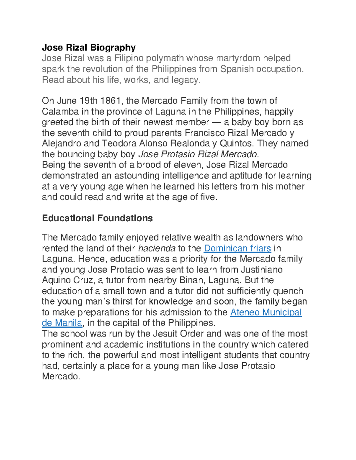 Jose Rizal Biography - Jose Rizal Biography Jose Rizal was a Filipino ...