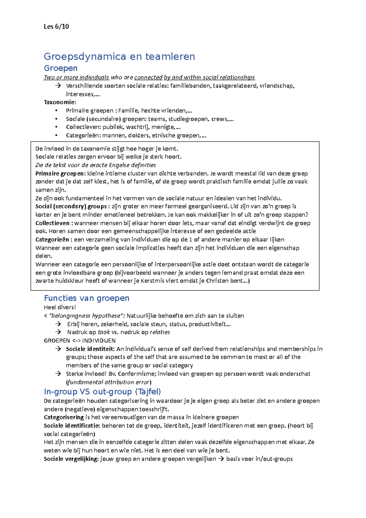 Les 1 groepsdynamica - samenvatting les - Les 6/ Groepsdynamica en ...