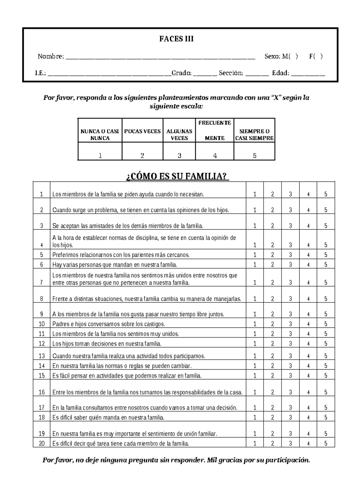 Faces III Olson Protocolo para Aplicación - FACES III Nombre: - Studocu