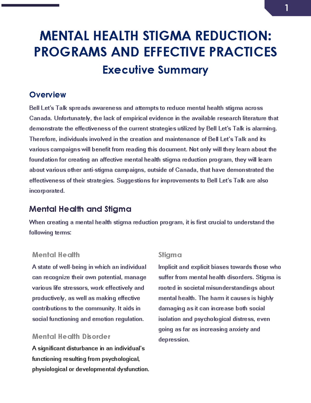 Sample Executive Summary - 1 MENTAL HEALTH STIGMA REDUCTION: PROGRAMS ...