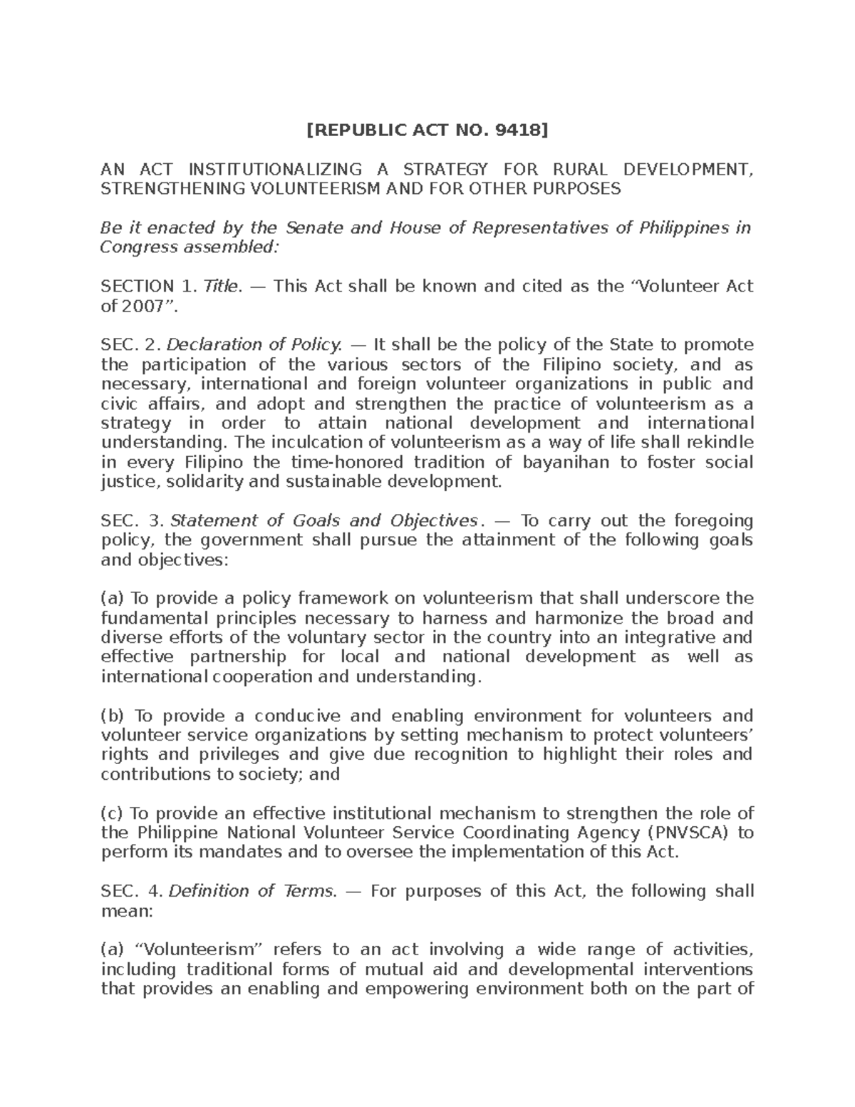 Republic ACT NO - none - [REPUBLIC ACT NO. 9418] AN ACT INSTITUTIONALIZING A STRATEGY FOR RURAL ...