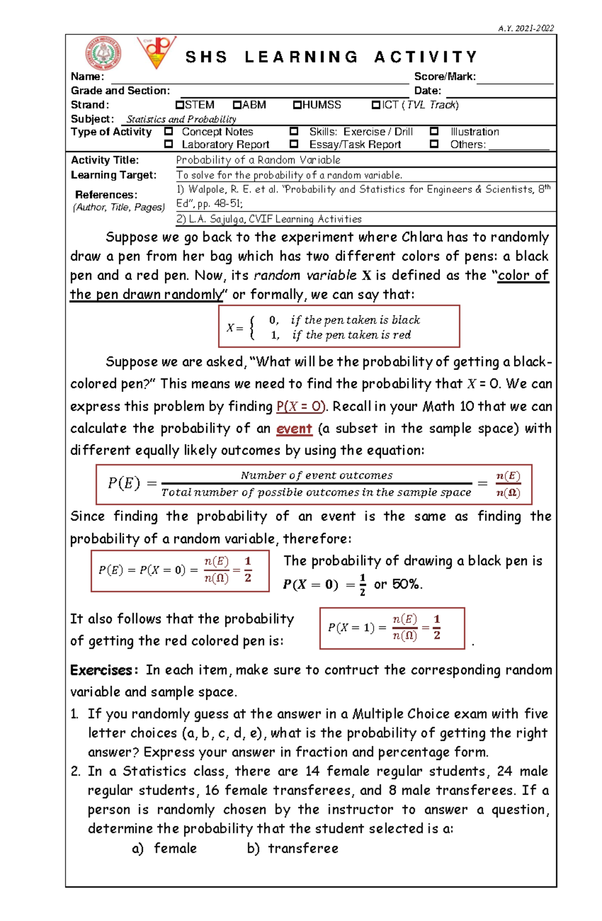 LAS 3 Probability of a Random Variable - S H S L E A R N I N G A C T I V I T Y A. 2021- - Studocu