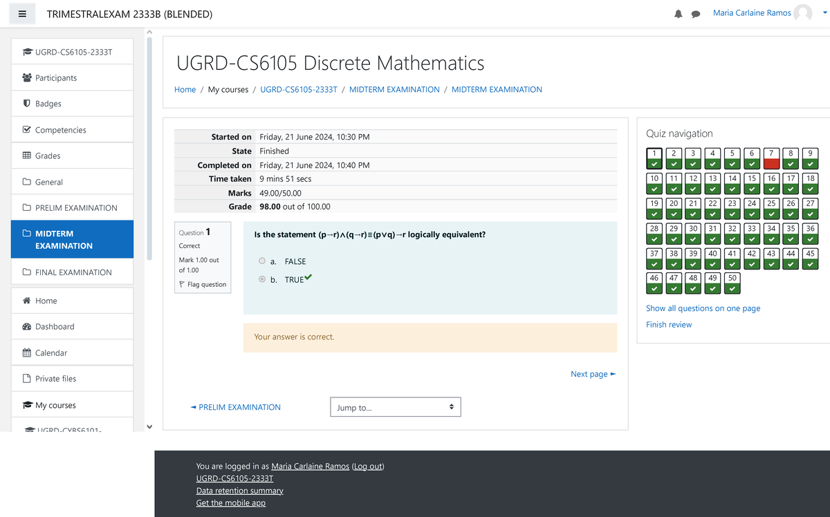 Midterm Examination Attempt Review Page 1 Of 50 You Are Logged In As Maria Carlaine Ramos