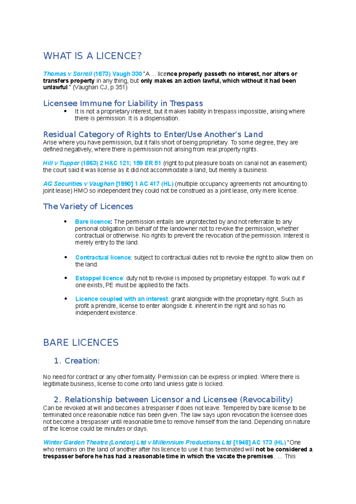 LLL9 Licenses - lecture notes - WHAT IS A LICENCE? Thomas v Sorrell ...