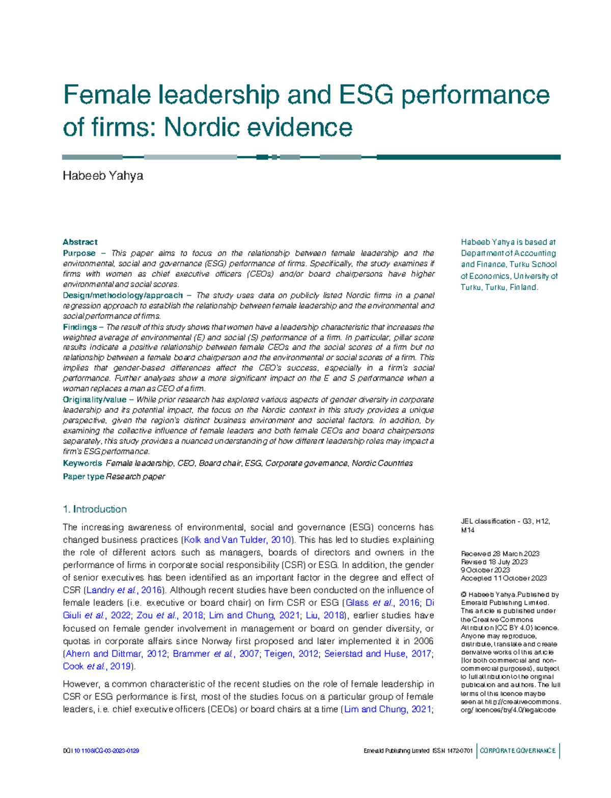10-1108 CG-03-2023-0129 - Female leadership and ESG performance of ...