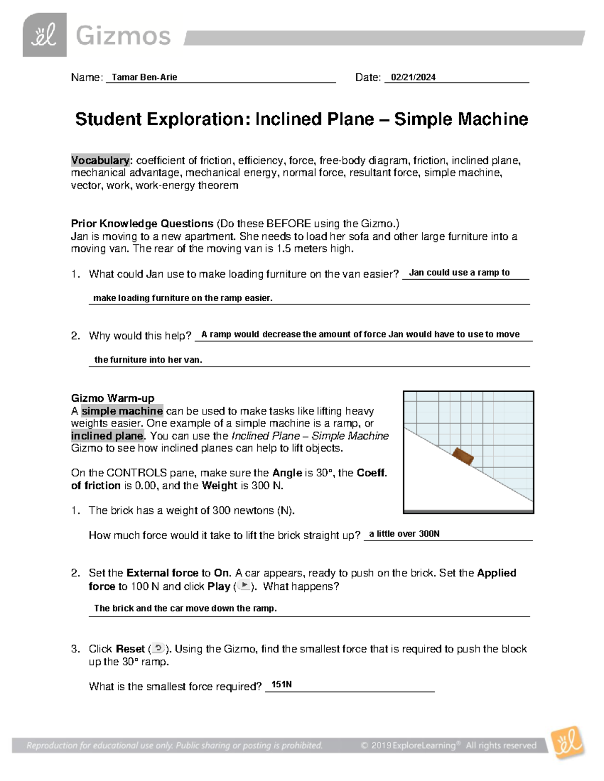 Inclined Plane Gizmo - Physics assignment about ramps. - Name: - Studocu