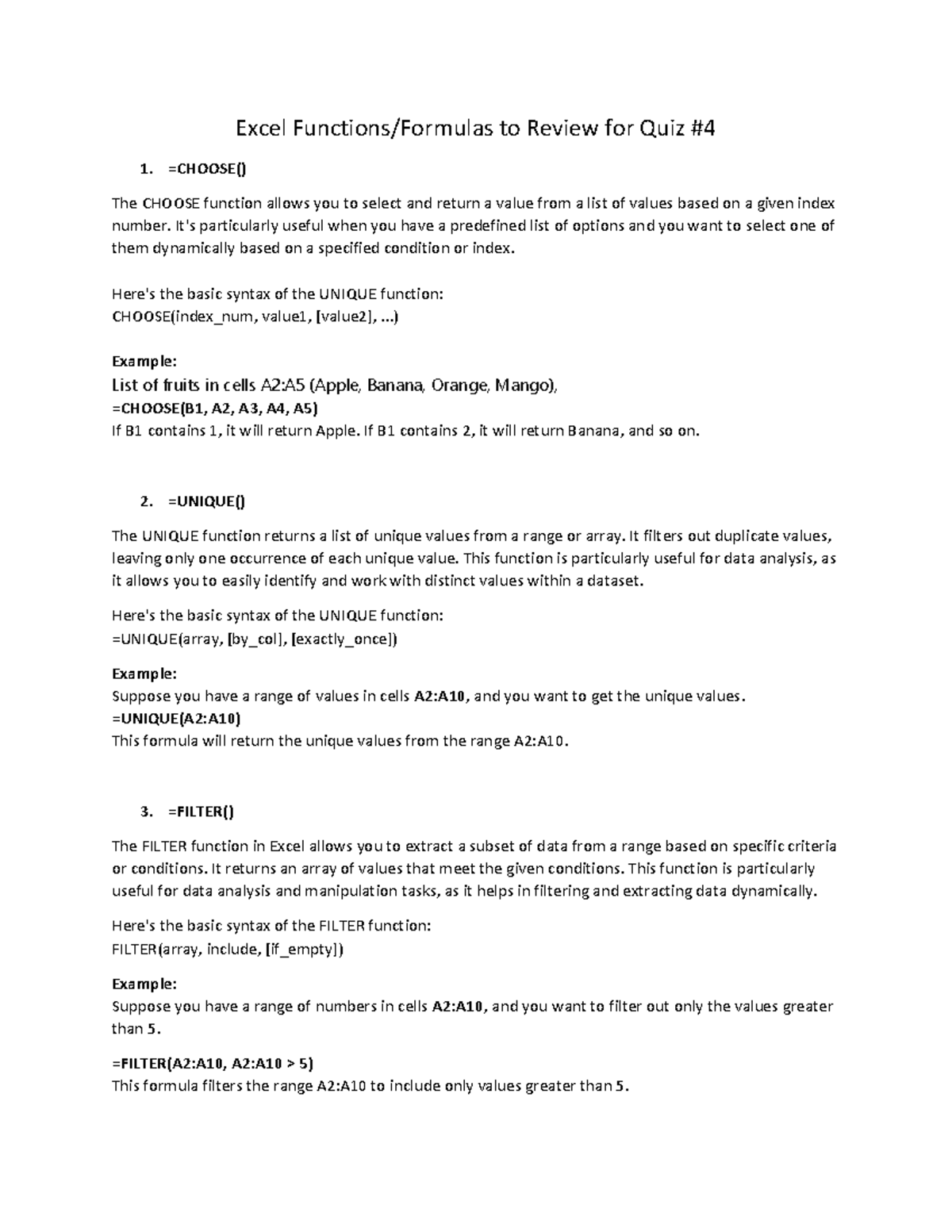 Excel Functions Review For Quiz No 4 - Excel Functions/Formulas to ...