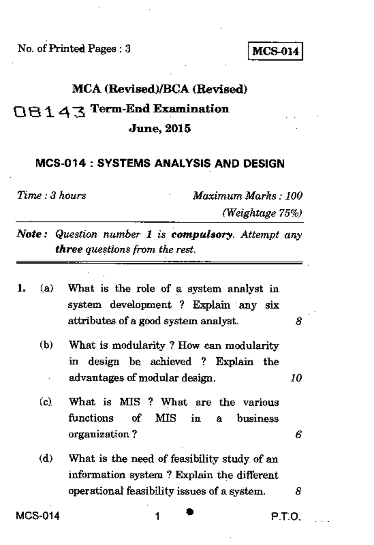 MCS 014 june 2015 - NOTEs - No. of Printed Pages : 3 MCS- MCA (Revised ...
