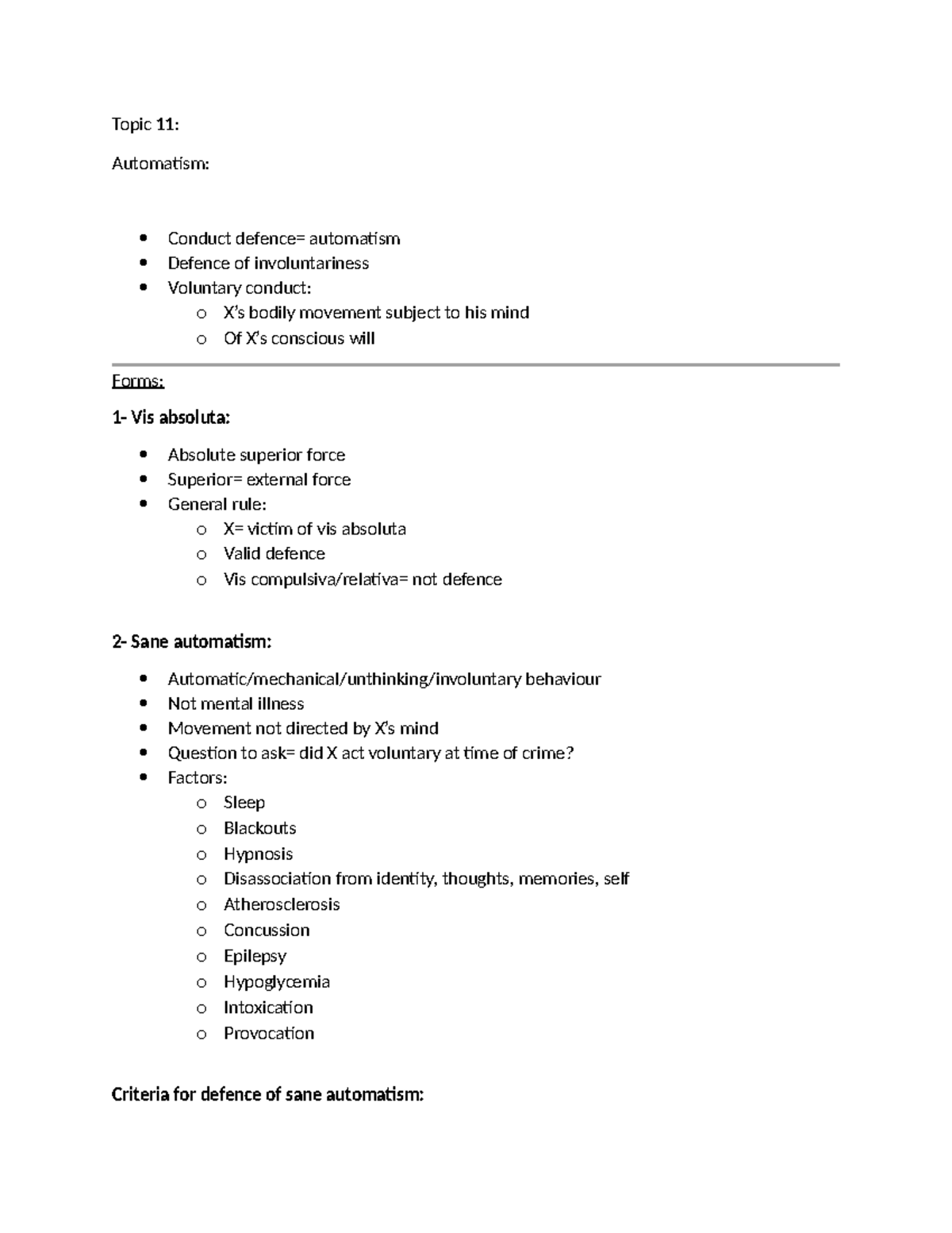 CRL202 Topic 11 - Topic 11: Automatism: Conduct defence= automatism ...
