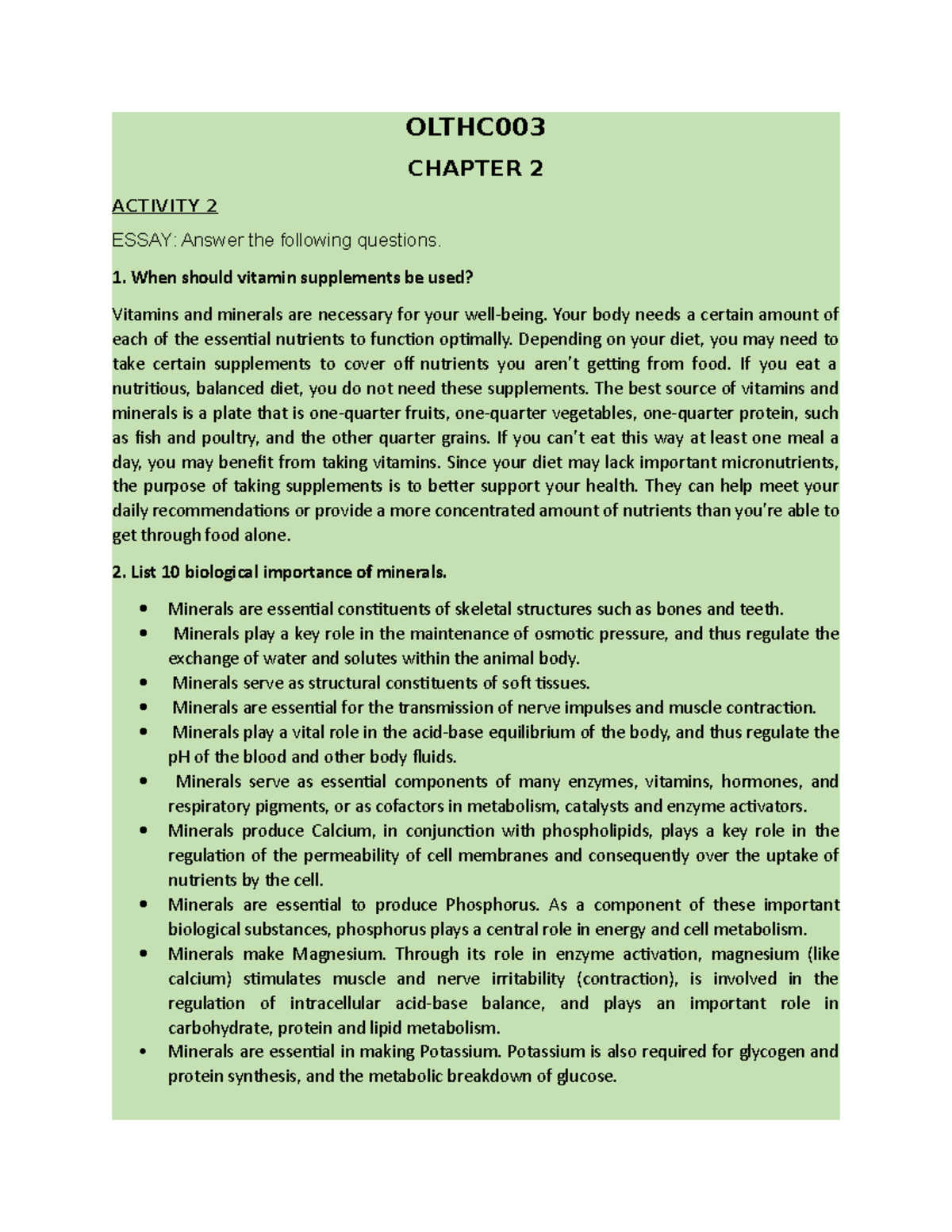Olthc 003 Activity 2 - CHAPTER 2 - ESSAY - OLTHC CHAPTER 2 ACTIVITY 2 ...