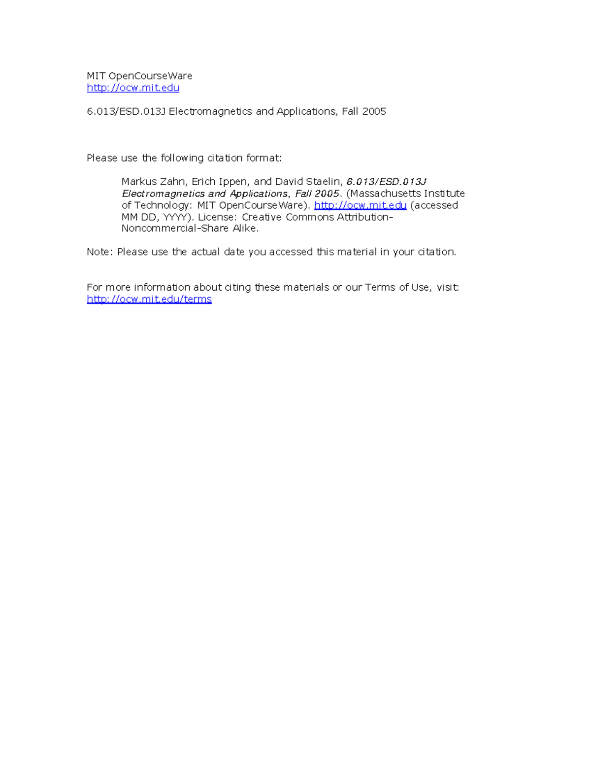 Lecture notes, lectures 1 - 5 - MIT OpenCourseWare Electromagnetics and ...