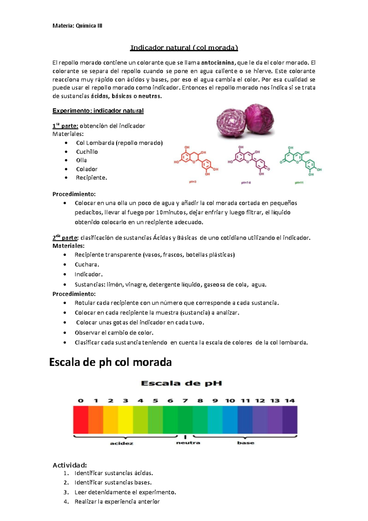 Experimento acidez y basicidad col morada - Materia: Química III ...