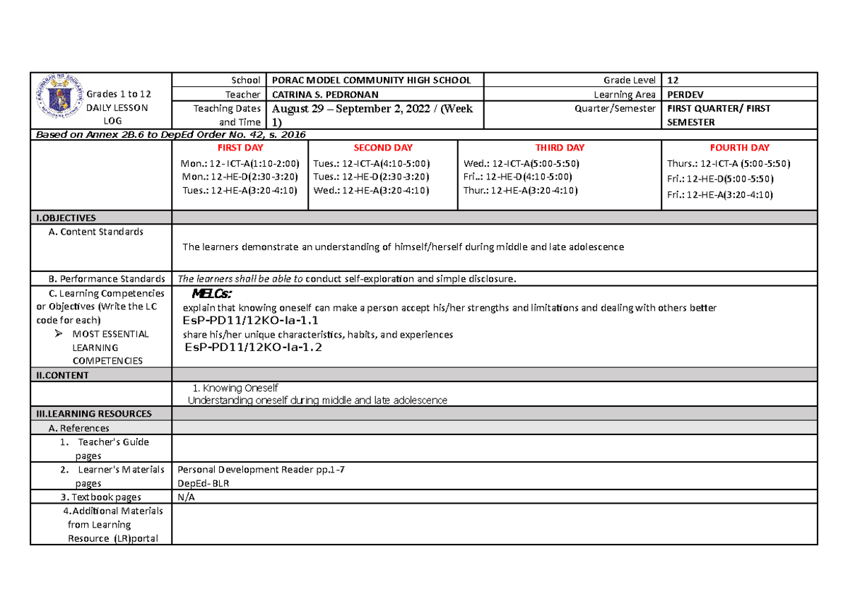 DLL 1- week 2 - learning outline - Grades 1 to 12 DAILY LESSON LOG ...
