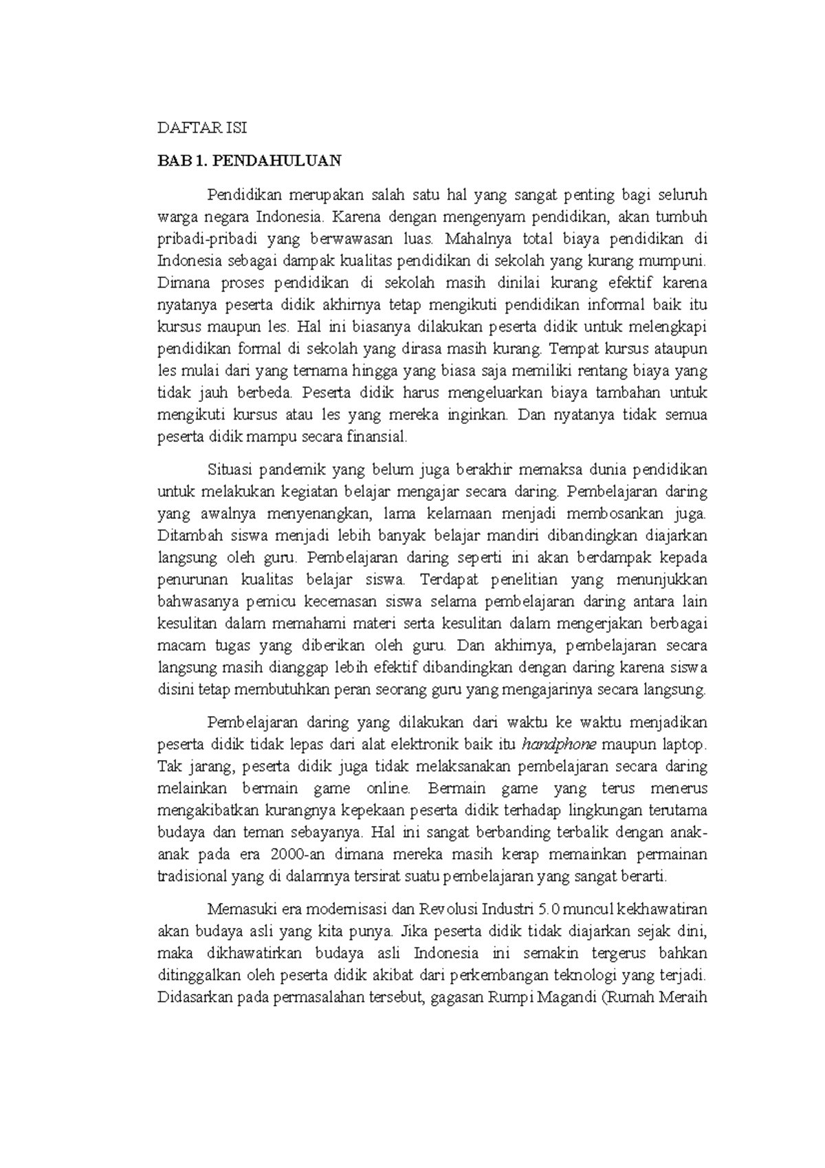 Proposal PKM GFK - PKM GFK - DAFTAR ISI BAB 1. PENDAHULUAN Pendidikan merupakan salah satu hal ...