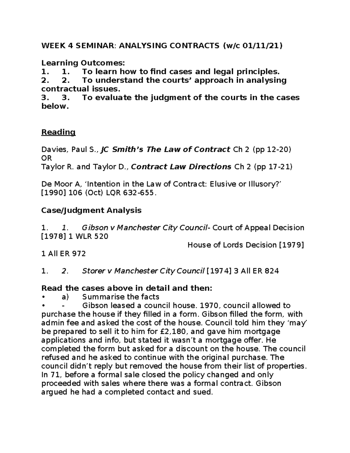 WEEK 4 Seminar - WEEK 4 SEMINAR: ANALYSING CONTRACTS (w/c 01/11/21) Learning Outcomes: To learn ...