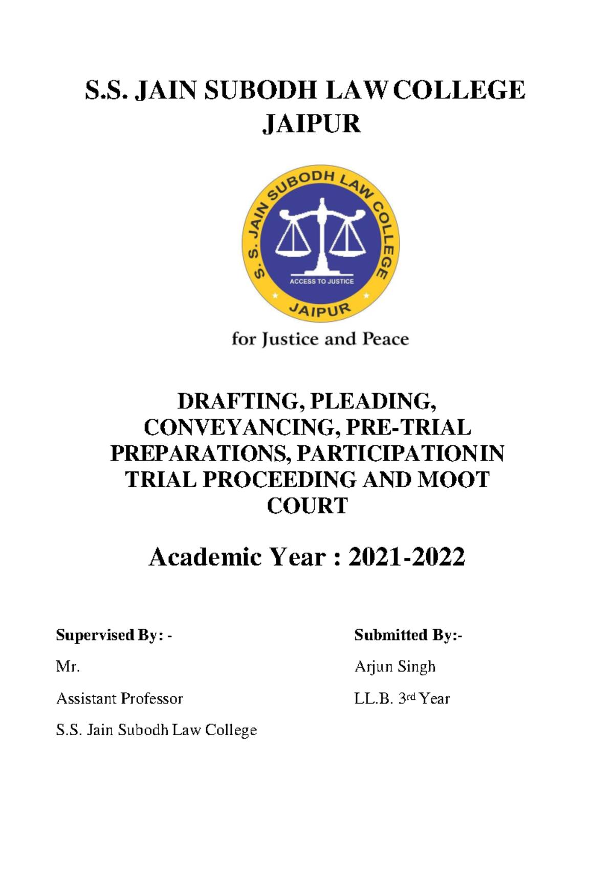 Moot Court Project (Drafting, Pleading, Pre Trial Preparation) - S ...